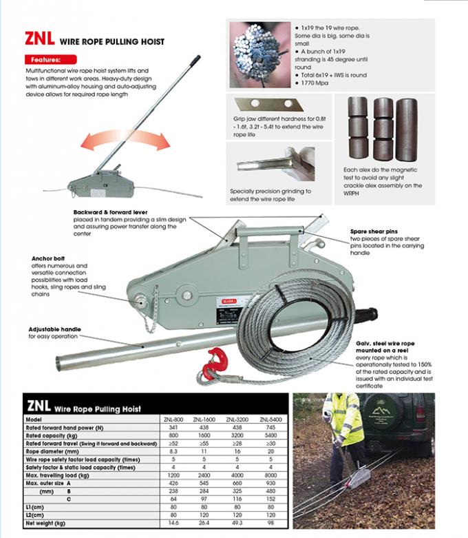 5 Ton Hand Winch / Wire Rope Pulling Hoist With Aluminum Body